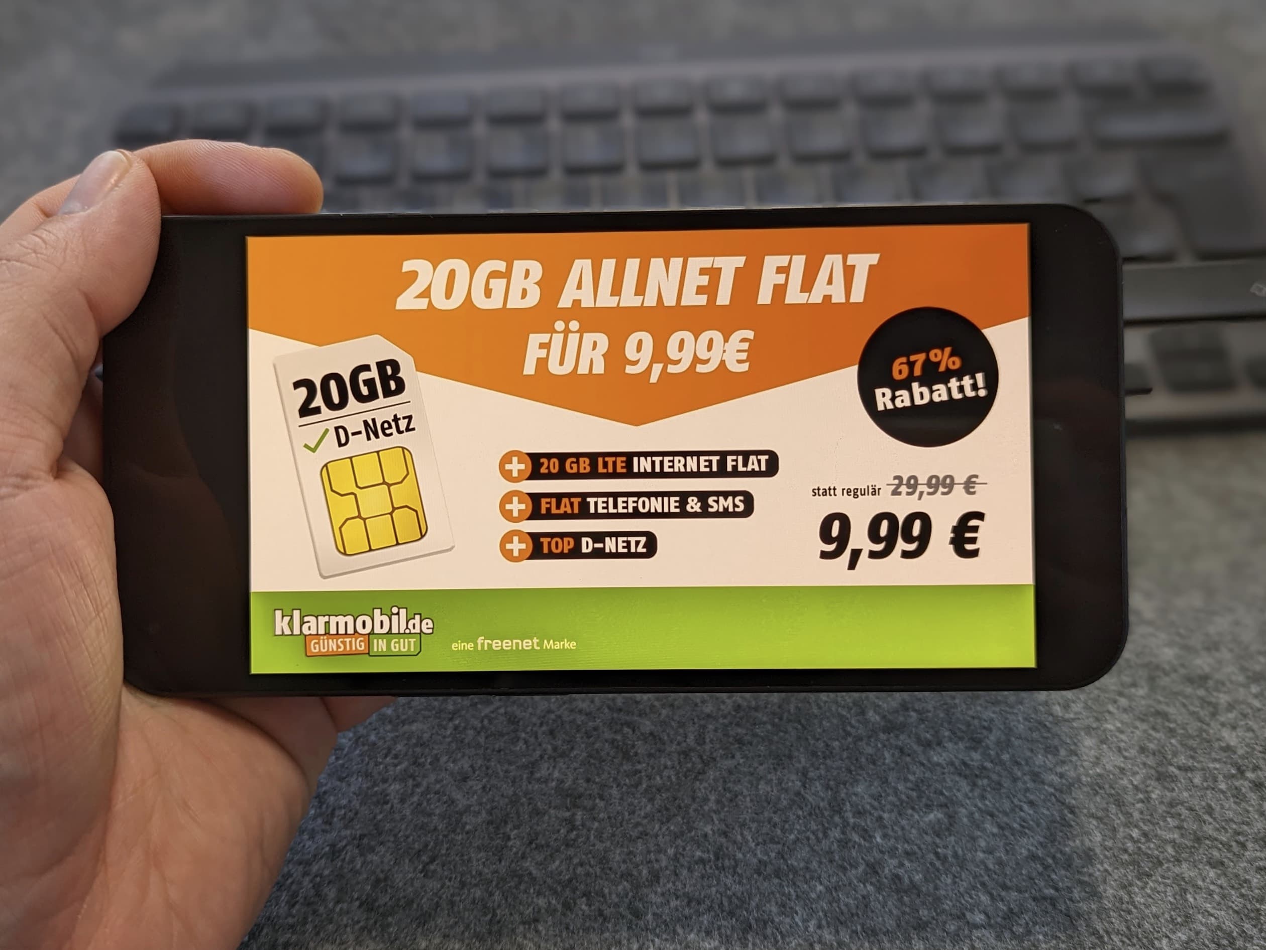 Klarmobil-Hammer: 20 GB Vodafone Allnet Flat für 9,99 Euro